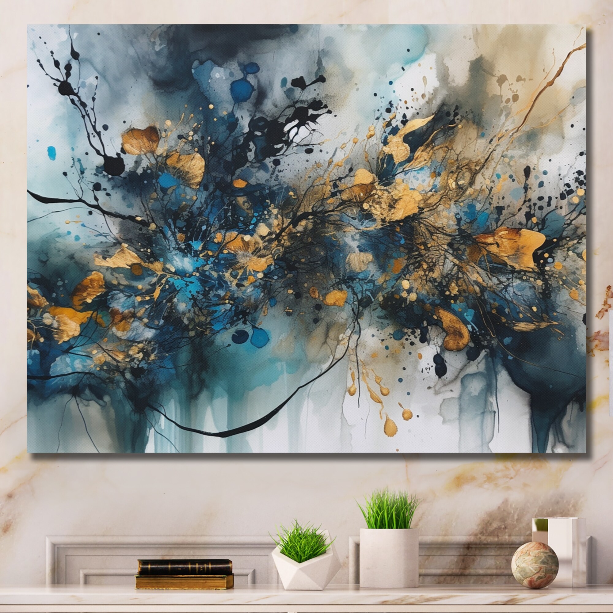 Designart "Abstract Geode Gold And Blue Marble Shape III" Modern Geometric Canvas Art Print - 3 ...